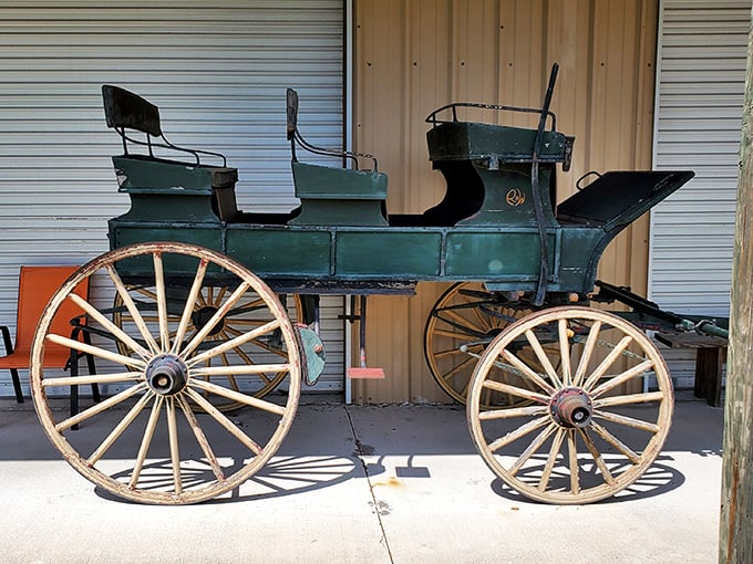 This antique wagonette hasn't moved in years, yet somehow looks ready for a countryside jaunt at a moment's notice.