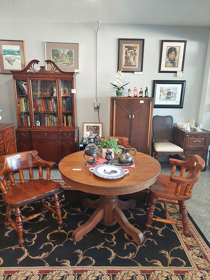 A vintage dining set awaits its next family gathering, the solid wood and classic design a testament to furniture that was built to last.