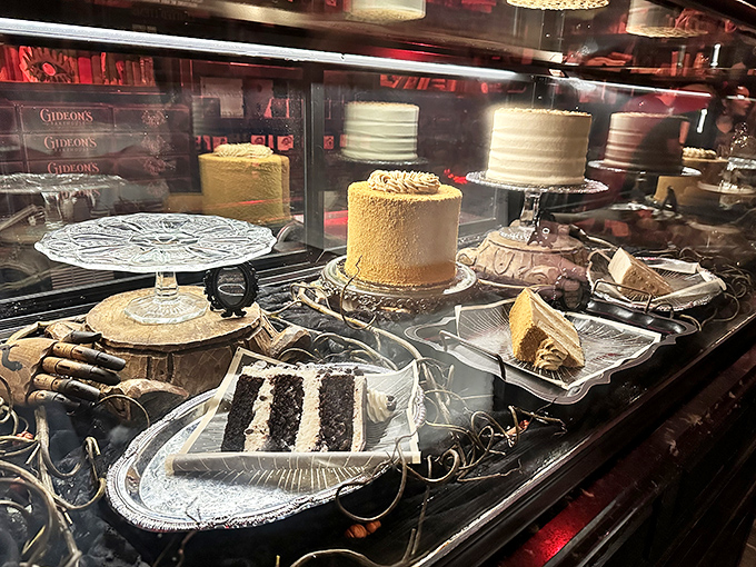 The cake display showcases slices so magnificent they deserve their own spotlight and possibly an agent.