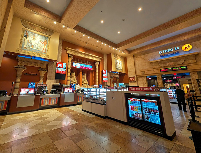 The concession area serves up movie munchies amid Egyptian splendor&mdash;pharaohs probably never had butter topping options.