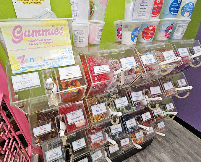 The gummy section, a technicolor playground where bears, worms, and unidentifiable sugar creatures live in harmony.