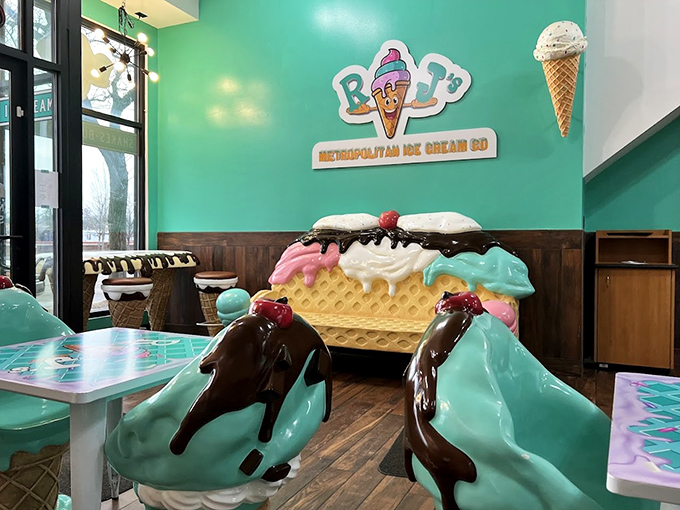 That ice cream bench isn't just furniture &ndash; it's the physical manifestation of "you are what you eat" in the most delightful way.