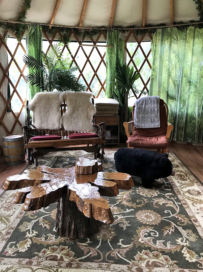 Inside the yurt, rustic luxury awaits with natural wood elements, plush seating, and enough plants to make any urban apartment dweller green with envy.