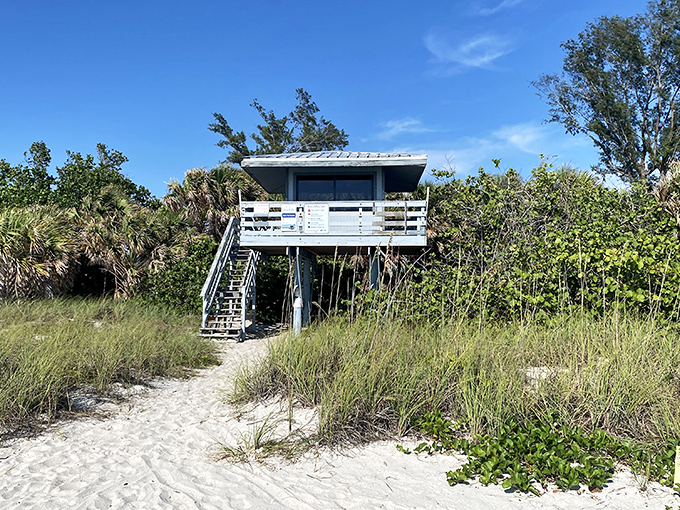 Guardians of good times perched above the sand, where safety meets scenery in perfect coastal harmony.