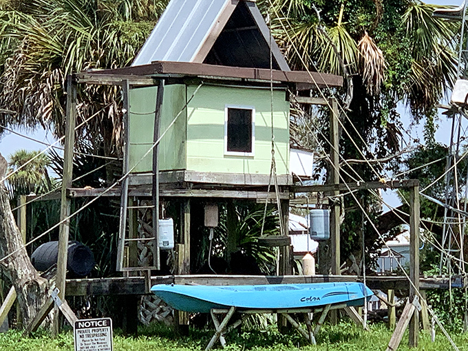 This elevated monkey house provides shelter and a perfect lookout point for the island's residents to monitor approaching boats and visitors.