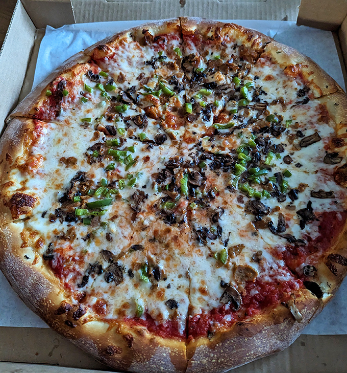 Pizza perfection with mushrooms and green peppers scattered across a sea of melted cheese, simple ingredients elevated through careful execution.