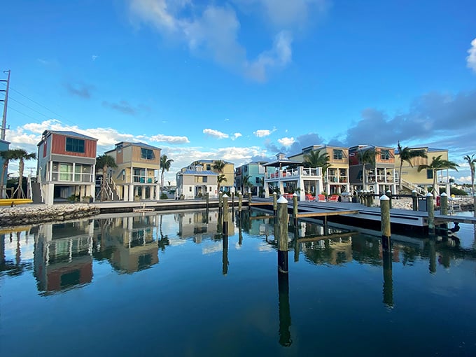 Colorful cottages reflect in still waters – Marathon's version of affordable waterfront property (just kidding, nothing's affordable anymore).