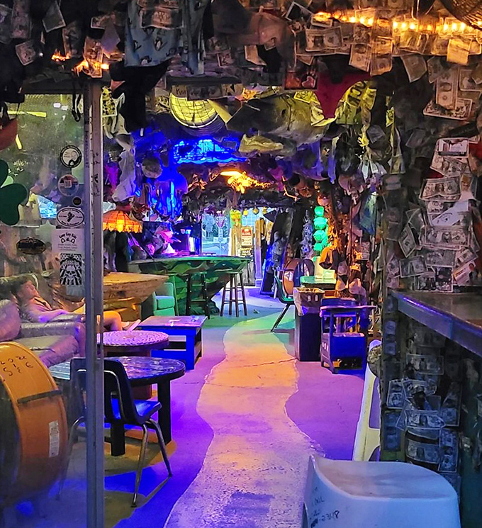 The seating area offers a brief respite from the sensory overload inside, while maintaining the bar's unique character.