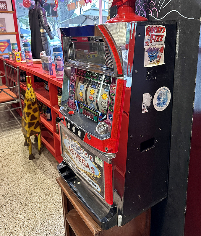 This vintage-style slot machine doesn't dispense jackpots &ndash; just pure joy and a touch of Vegas whimsy amid the sugar-coated wonderland.