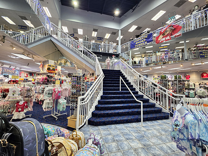 Grand staircase to more magic: The impressive white stairway beckons shoppers upward, promising even more treasures on the second level of this retail wonderland.