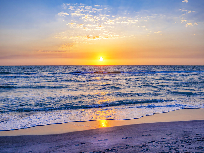 A breathtaking Captiva sunset transforms the sky into a masterpiece of orange and purple, reflecting off wet shells along the shore.