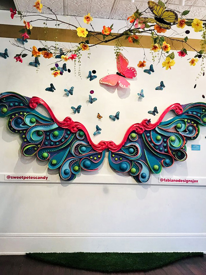 Butterflies and blossoms create a whimsical backdrop that captures the fluttery excitement of a proper sugar rush.