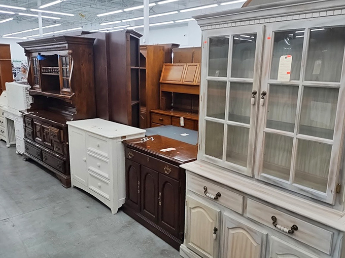 Wooden cabinets stand like soldiers at attention, each one hoping you'll be the one to give it a second life.