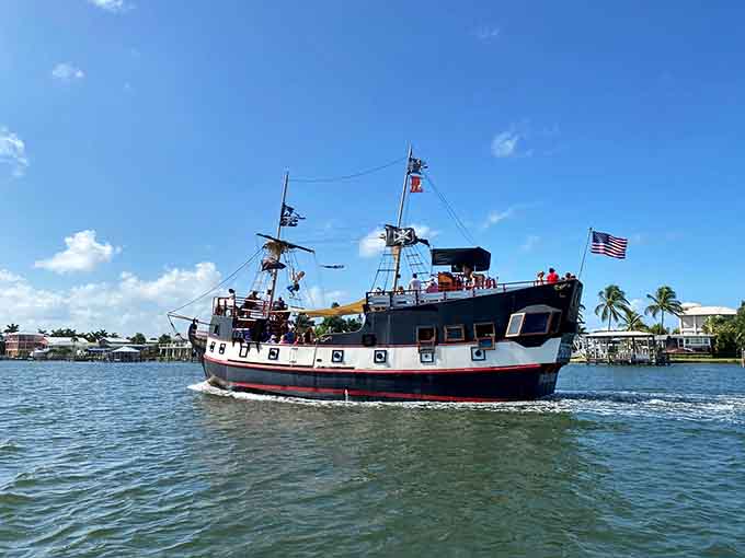 The Pieces of Eight floats peacefully, but those pirate flags suggest the calm won't last long.