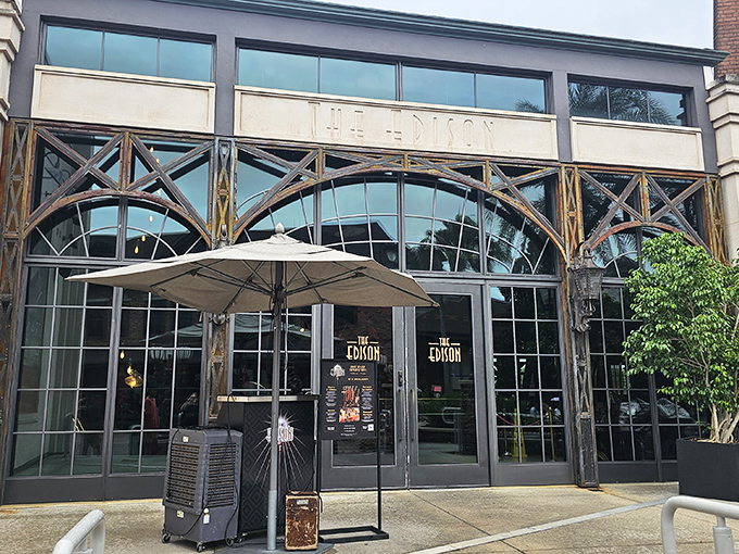 The Edison's industrial-chic entrance features architectural details that hint at the 1920s power plant theme inside.