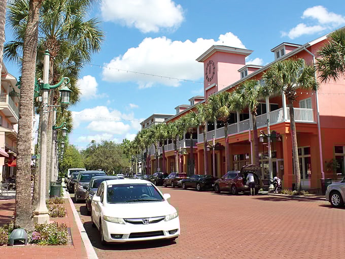 Perfectly maintained storefronts with colorful awnings line Celebration's main street, creating a storybook setting in this planned community.