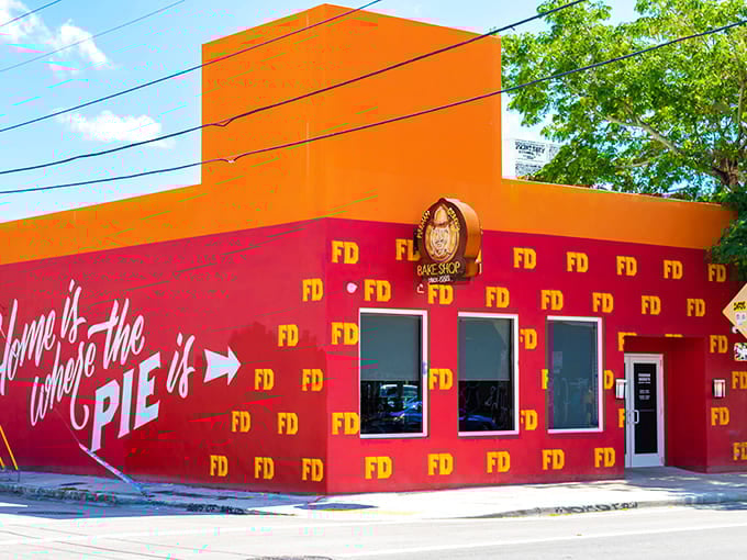 The eye-catching facade of Fireman Derek's Bake Shop declares "Home is where the pie is" in style.