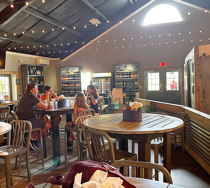 String lights and high-top tables create a party atmosphere where wine meets good times.