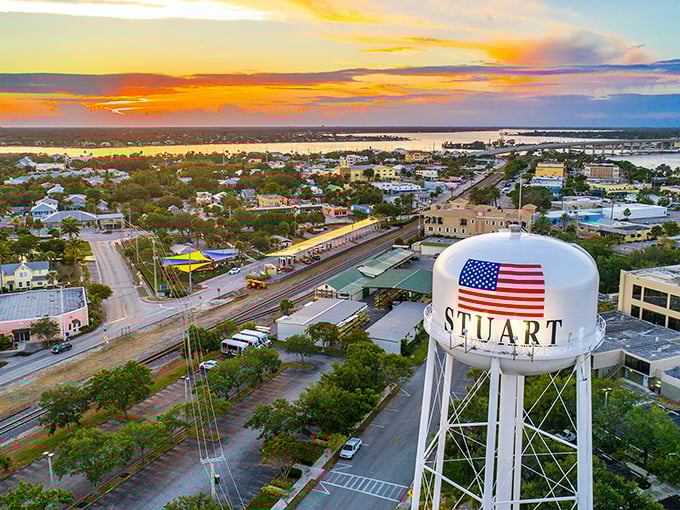 The iconic water tower stands as a landmark over this charming coastal town where water views come standard.