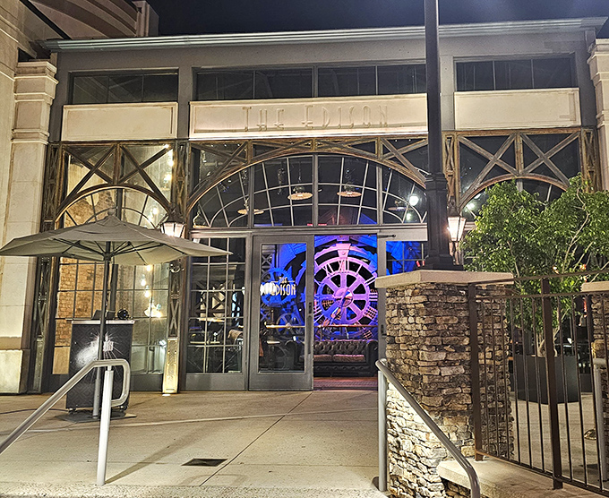 Evening at The Edison reveals the restaurant's dramatic lighting and vintage-industrial aesthetic that transforms after dark.