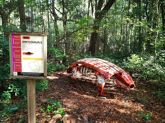 The armored ankylosaurus, crafted from car parts that once roamed highways instead of forests, guards its territory with metallic determination.