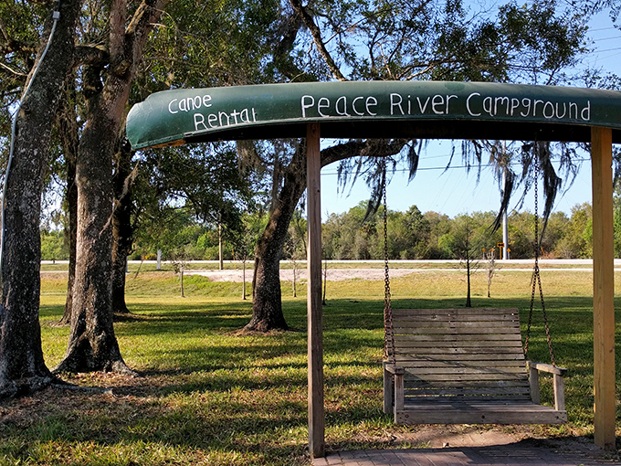 The swing at Peace River Campground promises simple pleasures. Sometimes the best vacation amenity is just sitting still and listening to the breeze.