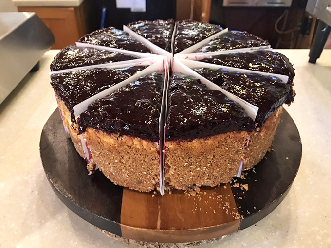 A blueberry-crowned cheesecake that's been known to cause spontaneous sighs of contentment from even the most stoic visitors.