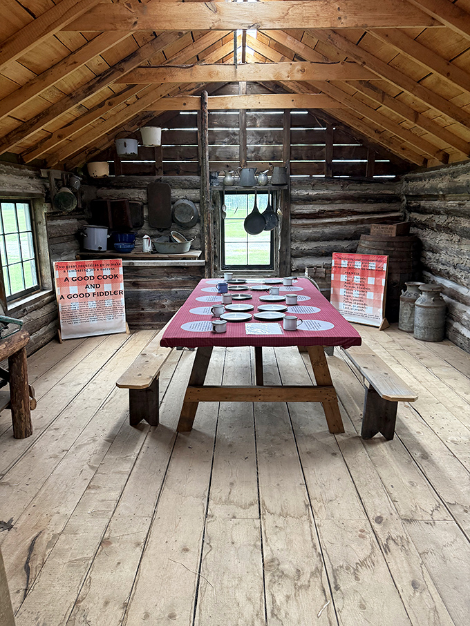 Cabin Interior: A simple red-checkered table set for eight tells more about family life than any textbook &ndash; meals were events, not afterthoughts.