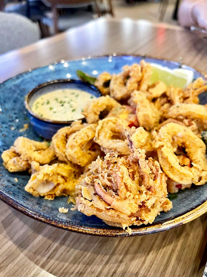 Golden-fried rings of tender squid with a light, crispy coating that shatters with each bite – the kind of appetizer that disappears faster than a running back through an open field.