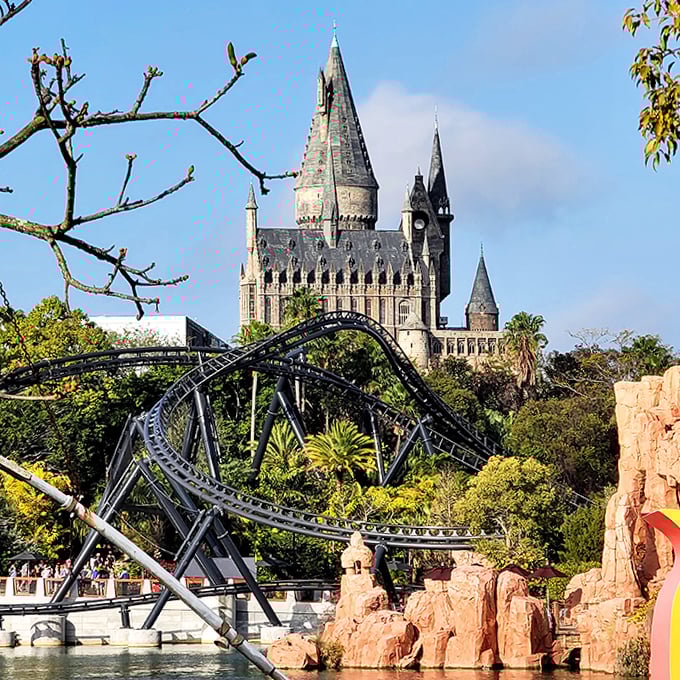 Hogwarts Castle looms majestically over twisting roller coaster tracks &ndash; where else can you study wizardry and defy gravity in the same afternoon?