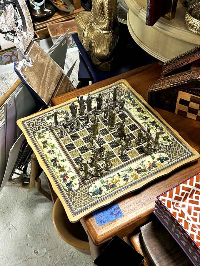 This ornate battlefield of kings and queens waits silently for players to continue games started decades ago in smoky parlors.