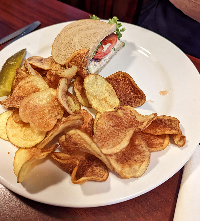 This chicken pita with homemade chips demonstrates how even casual lunch fare becomes special when served in a historic train car.