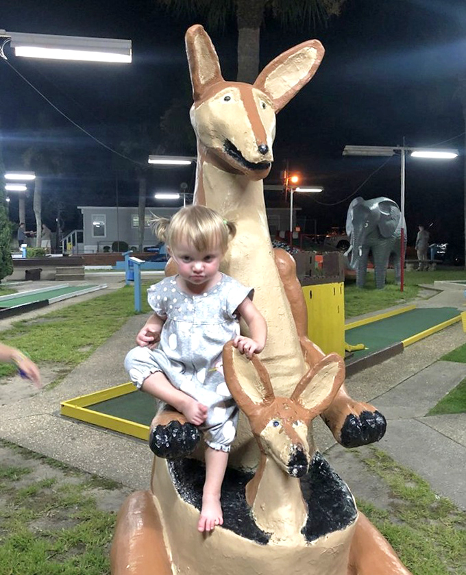 The kangaroo statues offer both a photo opportunity and a place for little ones to rest between challenging holes.