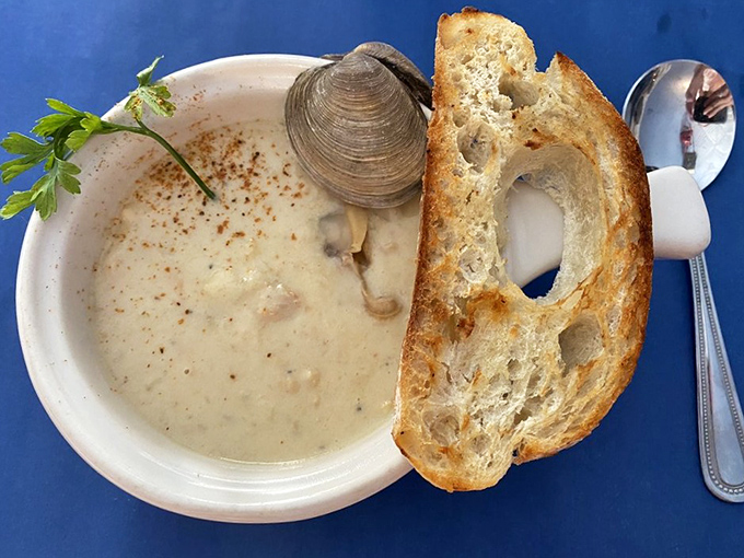 Creamy but never heavy, with tender clams and crusty bread – this isn't from a food service can, and one spoonful proves it.
