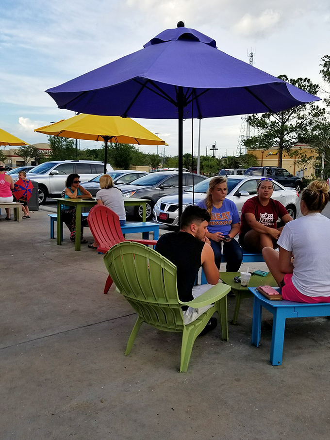 The universal language of ice cream brings together people of all ages in this colorful outdoor gathering spot.