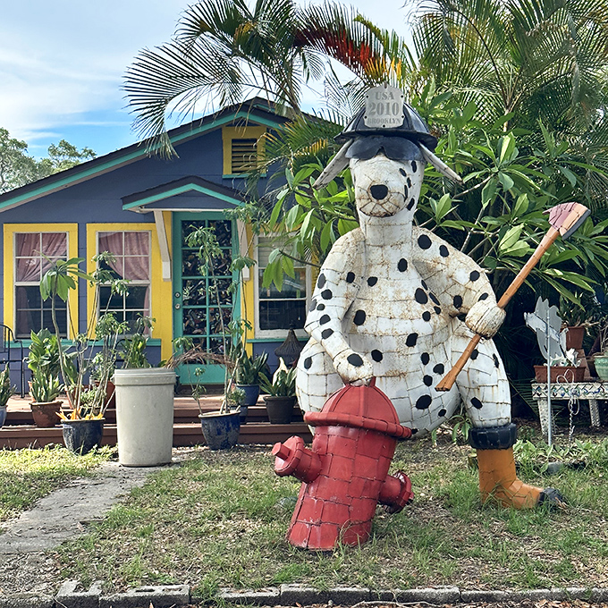 This spotted firefighter stands ready for artistic emergencies, a whimsical sentinel guarding the colorful kingdom of Whimzeyland.