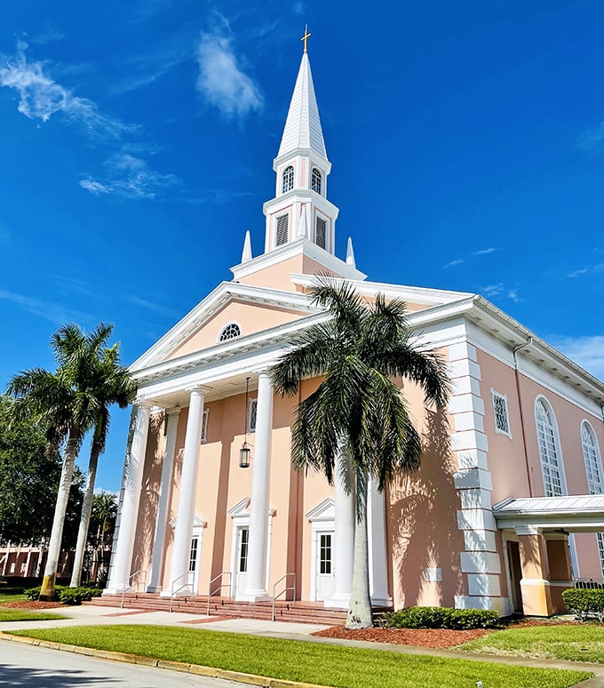 Coral-pink grandeur and a soaring white steeple make First Baptist Church an architectural landmark against Vero's perpetually blue skies.