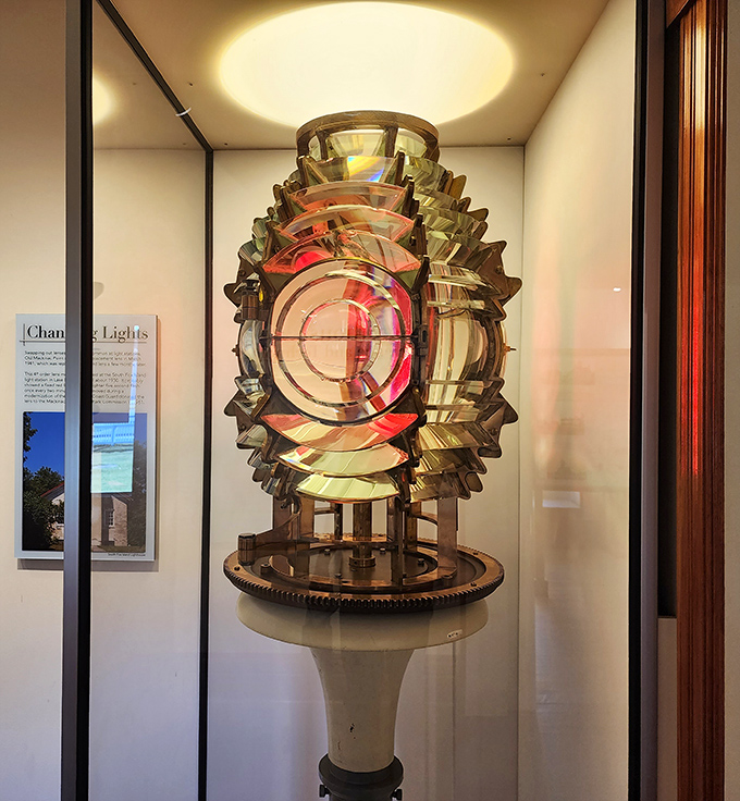 Engineering marvel: The Fourth Order Fresnel lens once projected light for miles across dark waters, saving countless lives with its brilliant beams.