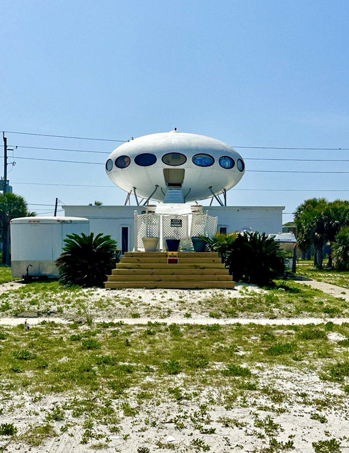 The front entrance stands ready to welcome earthlings and aliens alike—just remember to wipe the beach sand off first.