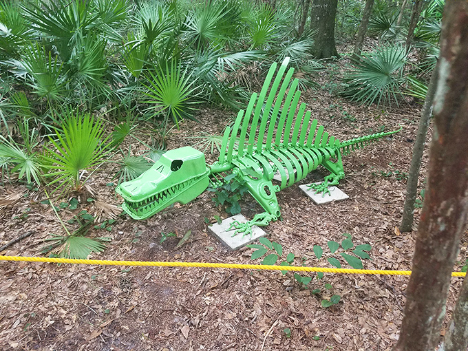 Extinct? I don't think so! This playful green dino sculpture brings prehistoric imagination to life among Florida's native palmettos.