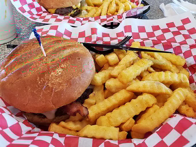 This is what a real meal looks like: juicy burger, crispy fries, and the kind of portions that remind you why elastic waistbands were invented.
