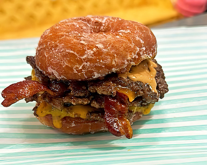 The Donut Burger &ndash; where breakfast meets lunch in a rebellious act of culinary defiance that somehow totally works.
