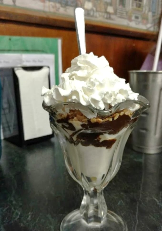 Hot Fudge Sundae: The classic American dessert in its natural habitat &ndash; vanilla ice cream swimming in hot fudge with whipped cream islands.