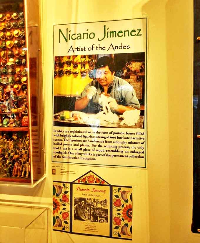 Nicario Jimenez creates intricate narrative scenes using nothing more sophisticated than what looks like a glorified toothpick—bringing Peruvian retablo traditions to Florida with a technicolor splash.