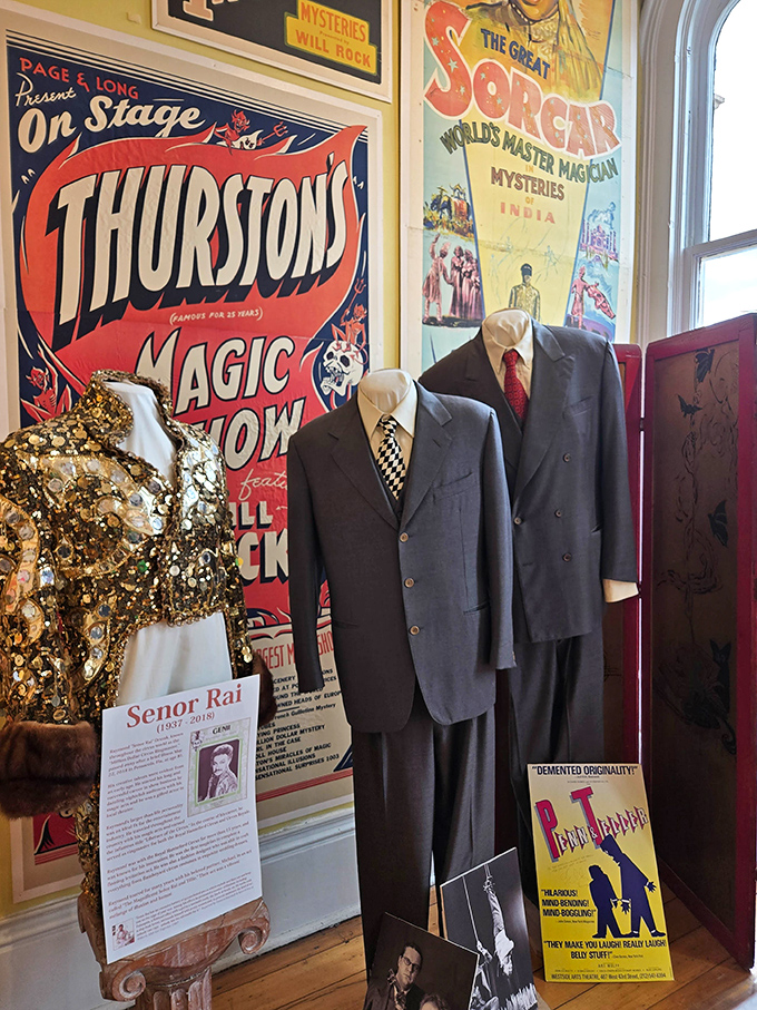 Vintage posters plaster the walls from floor to ceiling, creating a kaleidoscope of magical history spanning over a century of illusion.