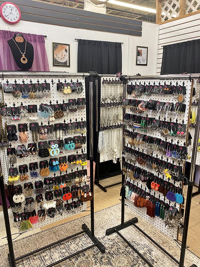 Earrings dangle like colorful constellations on display boards, a galaxy of accessories waiting to orbit someone's personal style.