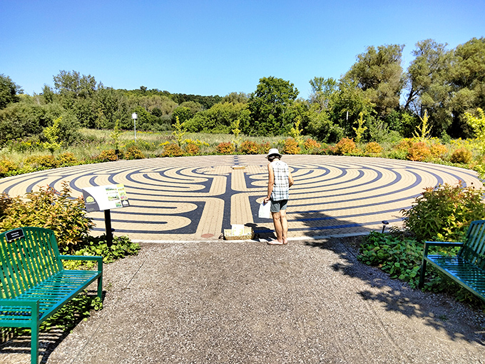 The labyrinth invites contemplative walking, its circular path a journey to the center of both the garden and perhaps yourself.