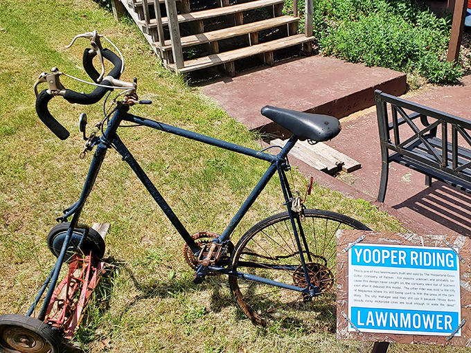The "Yooper Riding Lawnmower" brilliantly combines a bicycle with cutting blades, proving that Upper Peninsula ingenuity knows no bounds when it comes to lawn maintenance.