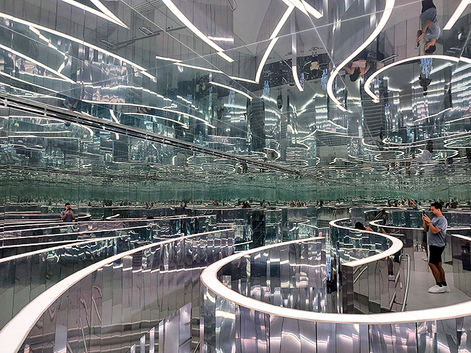 The mirror maze creates infinite reflections that would make Narcissus reconsider his life choices and possibly seek therapy for his self-obsession.