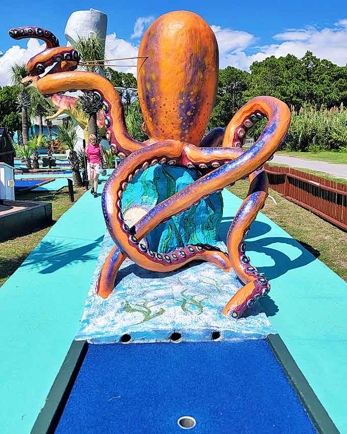 This magnificent octopus seems ready to snatch your golf ball with its vibrant tentacles &ndash; a colorful sea monster turned mini-golf masterpiece.